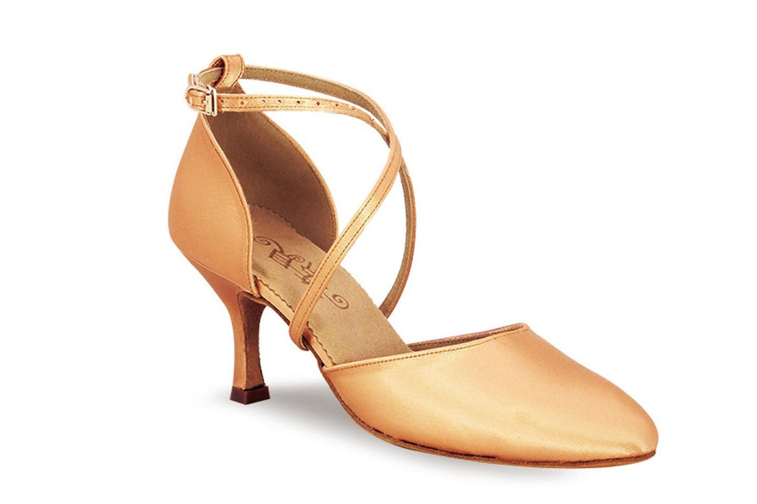 BD103_SALE Ladies Smooth Ballroom Tan Satin Dance Shoe with Cross Stra ...