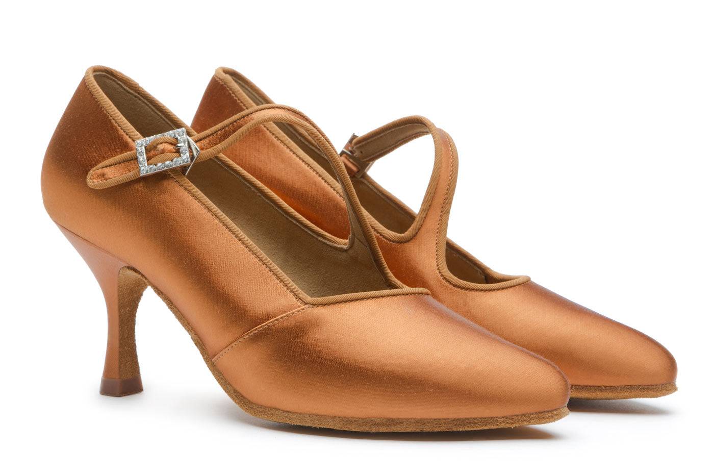 BD Dance 149 Ladies Tan Satin Ballroom Dance Shoe with Diagonal Strap ...